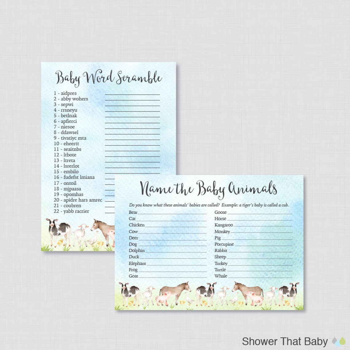 Farm Animal Baby Shower Games Package Seven Printable Games: - Etsy