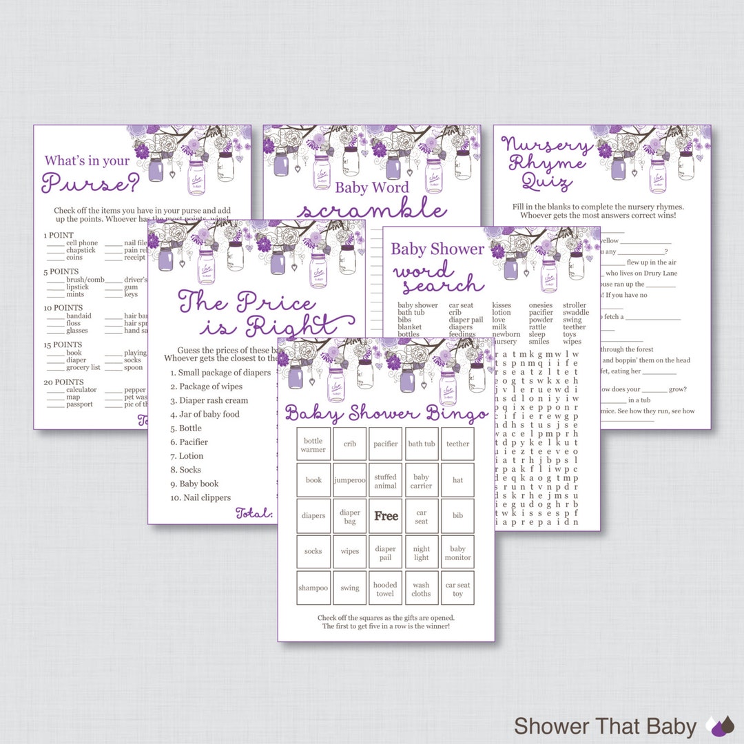 Mason Jar Baby Shower Games Printable Package With Purple Mason Jars ...