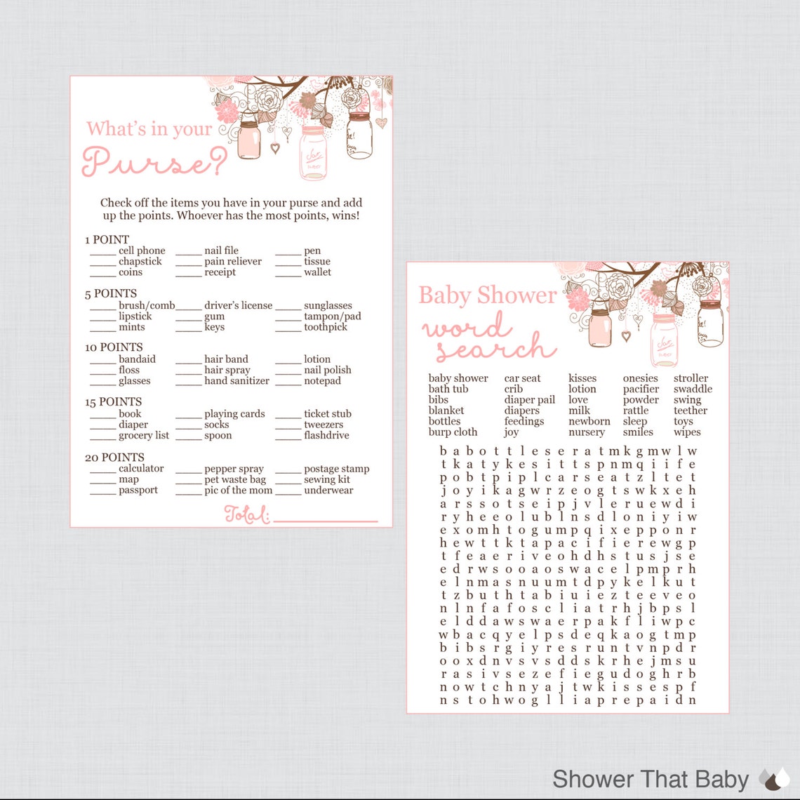 Mason Jar Baby Shower Games Printable Package in Pink and Brown - Six ...