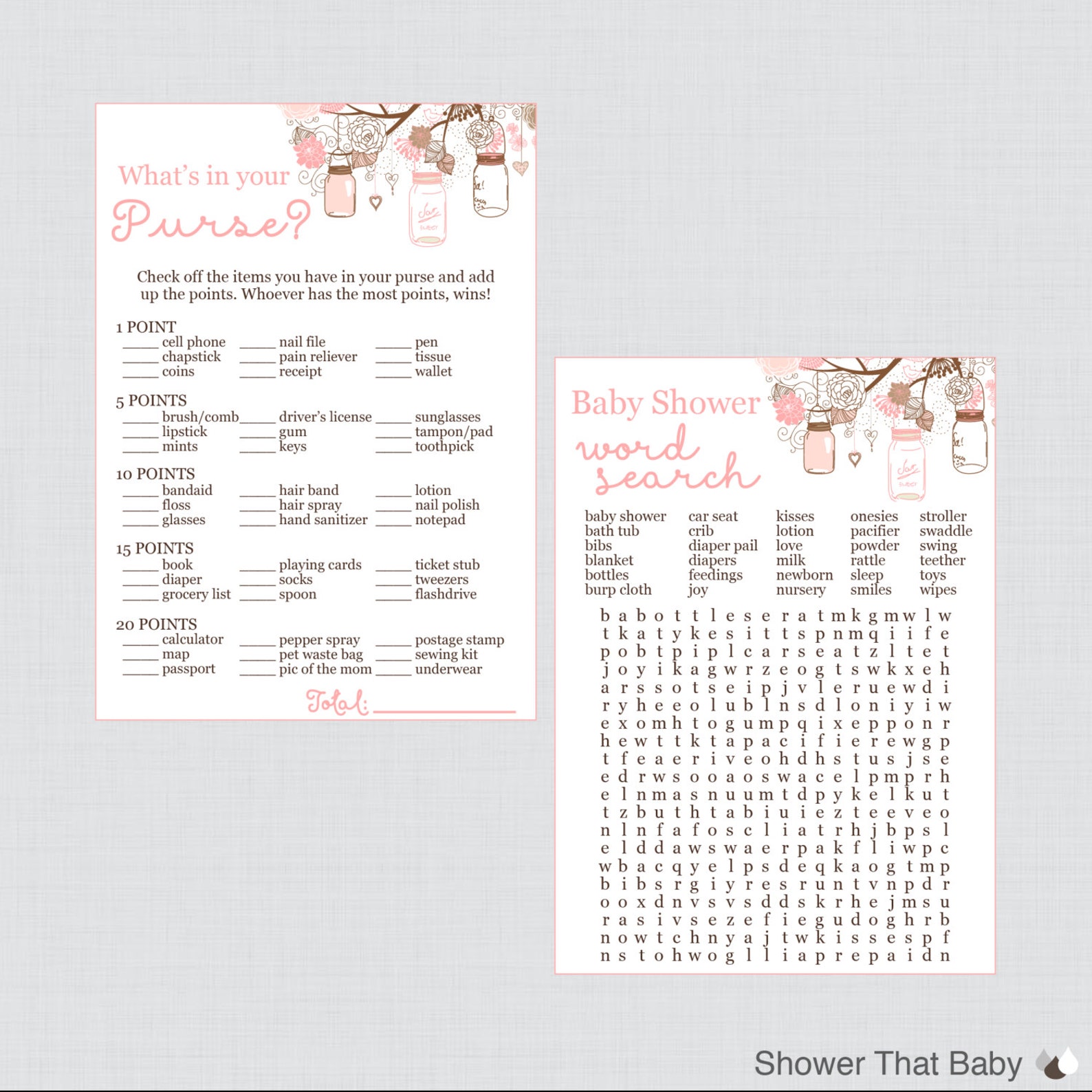 Mason Jar Baby Shower Games Printable Package in Pink and Brown - Six ...
