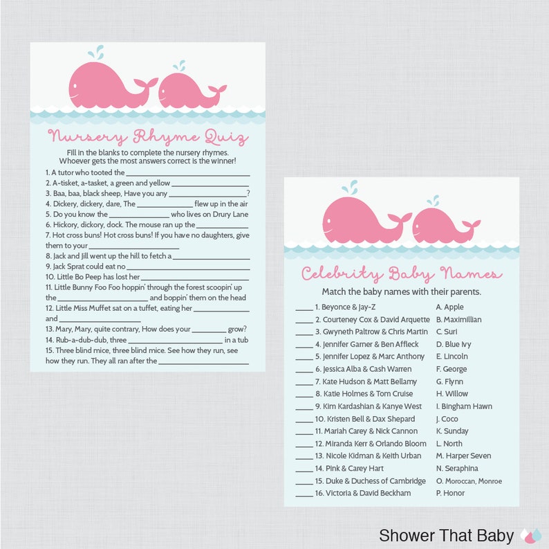 Whale Baby Shower Games Package - Seven Printable Games: Bingo, Price ...