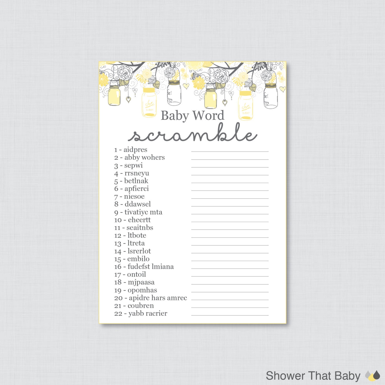 Baby Shower Word Scramble Game Mason Jar Printable Instant | Etsy