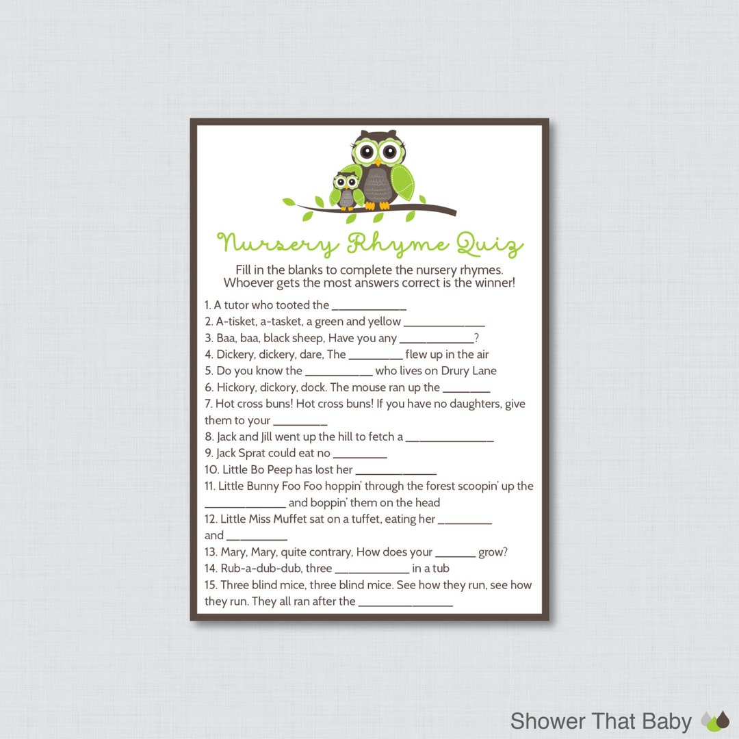 Owl Baby Shower Nursery Rhyme Quiz Game in Green and Brown - Etsy