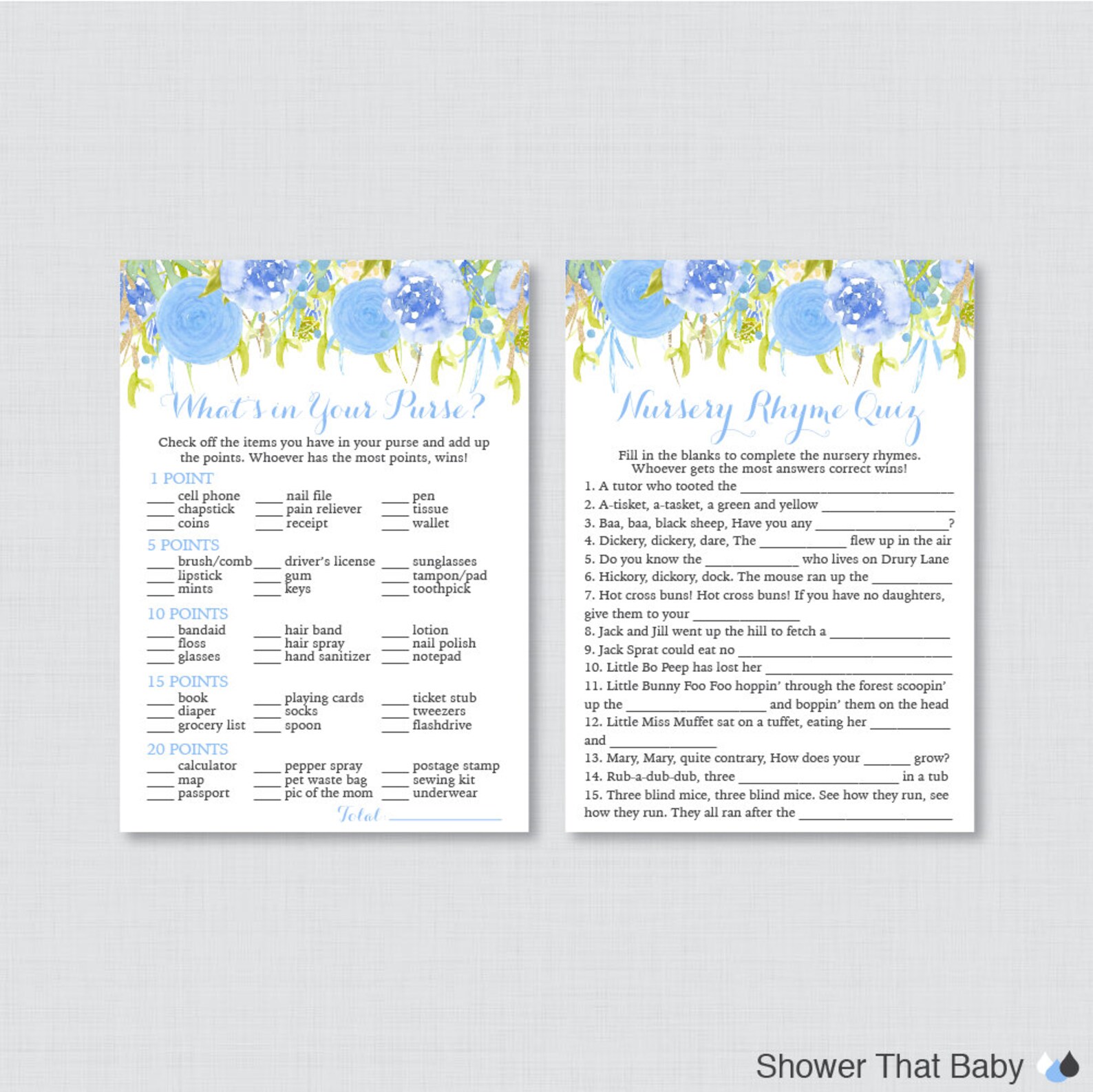 Blue Floral Baby Shower Games Package - Seven Printable Games: Bingo ...
