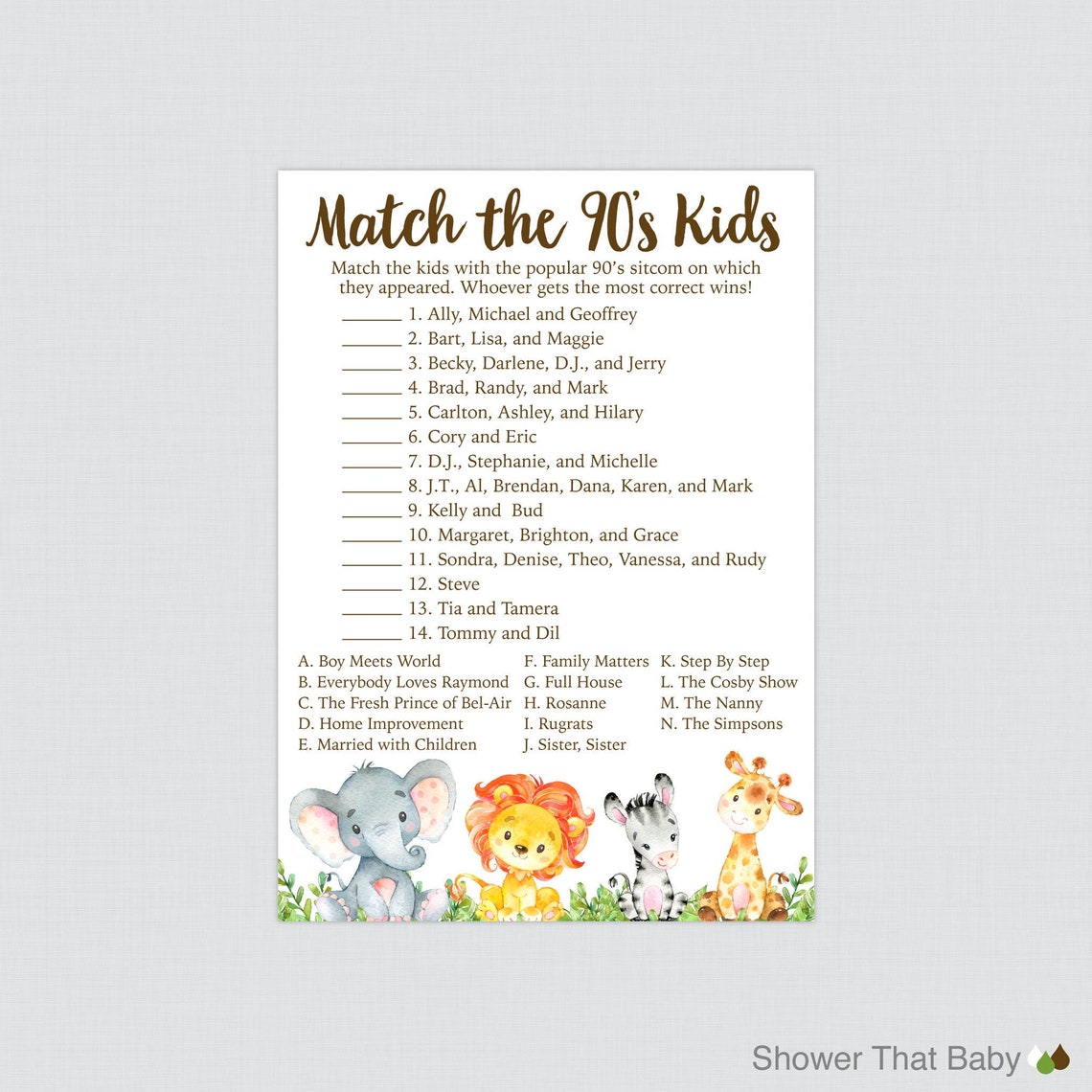 Safari Baby Shower Match the 90s TV Kids Game - Safari Animal Themed ...