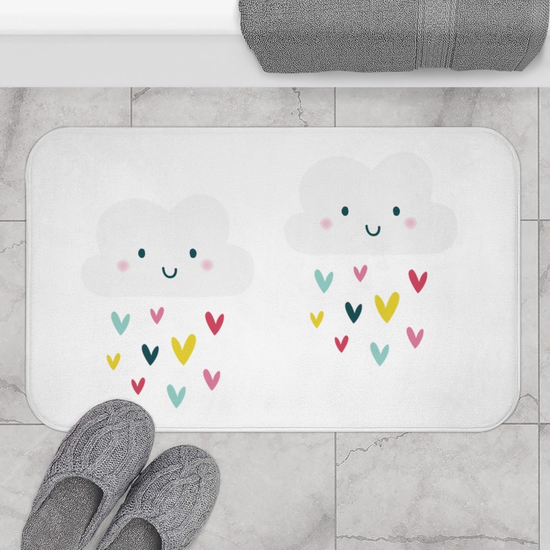 Kids Bath Mat Neutral Clouds Hearts, Kids Bathroom Decor, Kids Bathroom ...