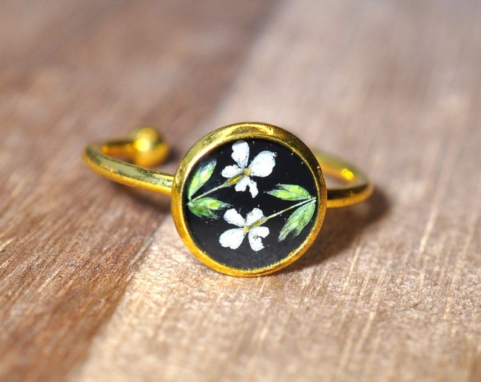 Pressed Flower Ring, Gold Ring, Queen Anne's Lace Ring, Black Ring ...