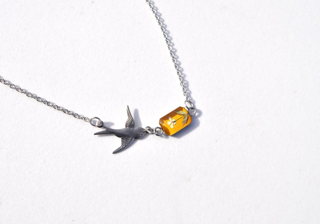 Pressed Flower Necklace, Dried Flower Necklace, Bid Necklace, Long ...