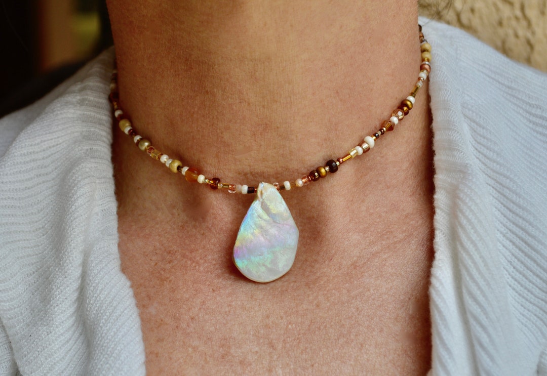 Beaded Shell Necklace Sun Kissed Shell Necklace Seed Bead Choker ...