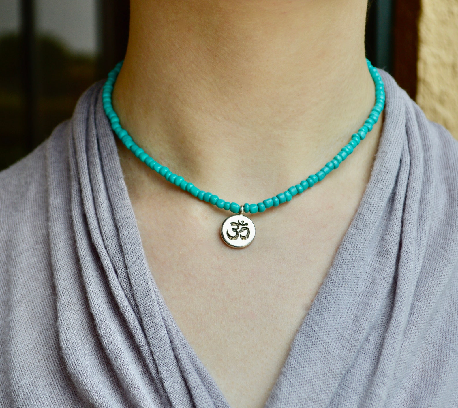 Choker Necklace OHM Charm Turquoise Seed Bead Necklace - Etsy