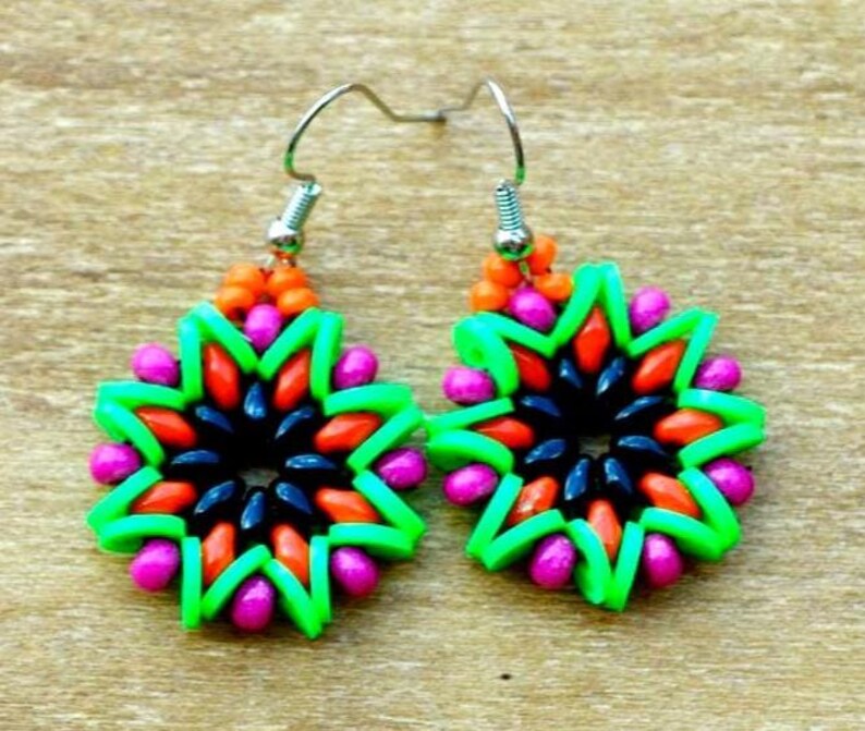 Colorful Neon Handmade Beaded Dangle Earrings: Green, Pink, Orange and ...