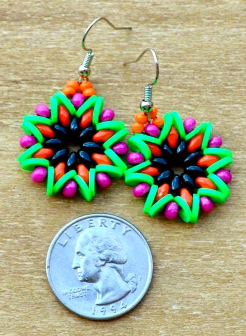 Colorful Neon Handmade Beaded Dangle Earrings: Green, Pink, Orange and ...