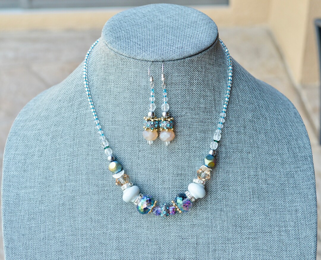 Crystal Blue Beaded Jewelry Set / Beaded Earrings / Dangle Earrings ...