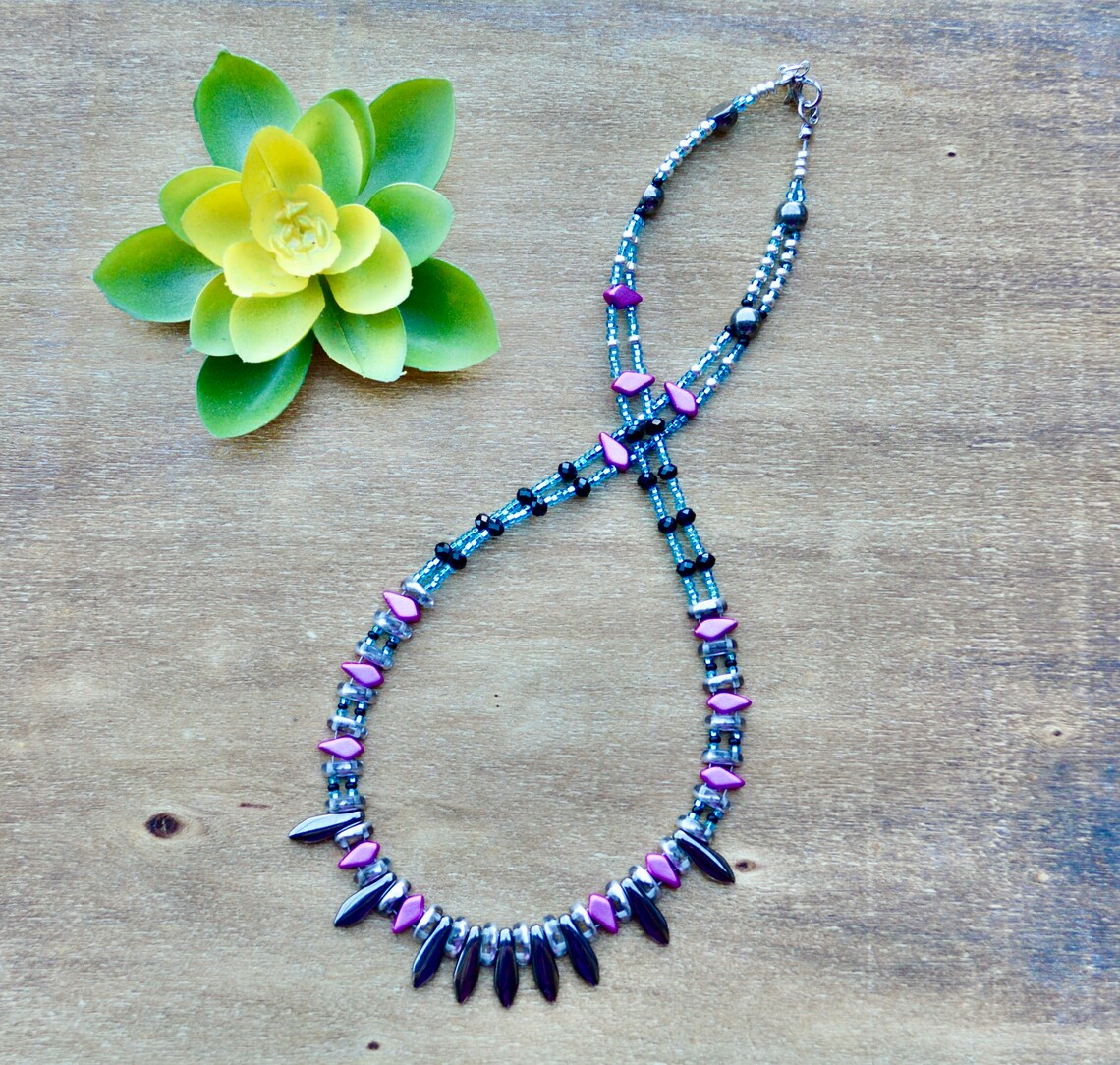 Pink and Silver Dagger Beaded Necklace / Handmade Jewelry / - Etsy