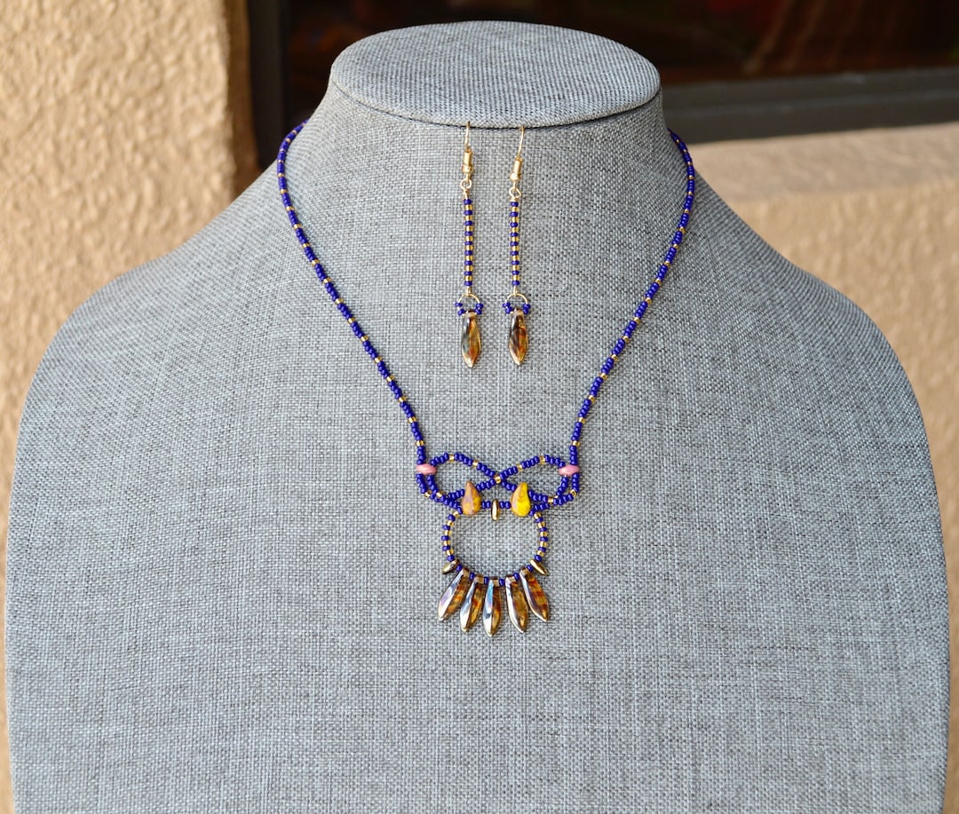 Blue & Gold Seed Bead Necklace and Dagger Earrings Set – Handmade Boho ...