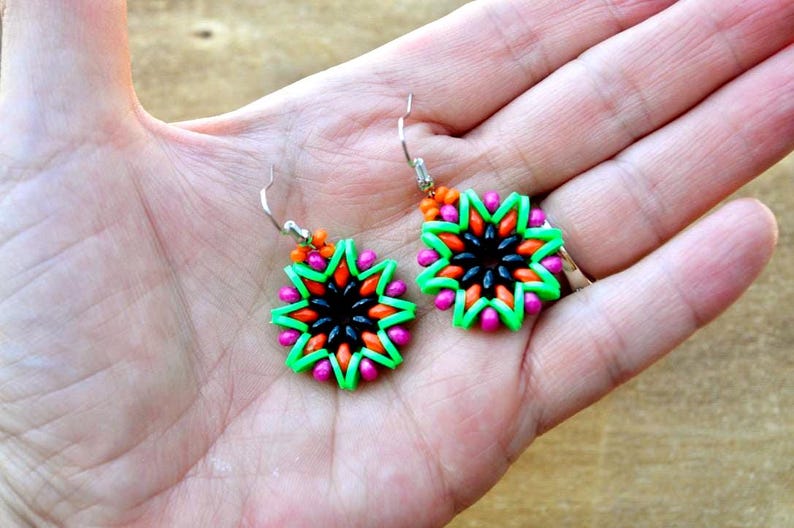 Colorful Neon Handmade Beaded Dangle Earrings: Green, Pink, Orange and ...