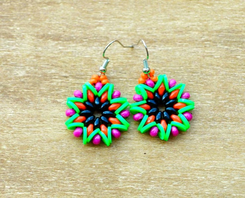 Colorful Neon Handmade Beaded Dangle Earrings: Green, Pink, Orange and ...