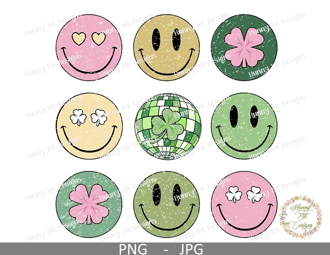St. Patrick's Day Smiley Face Emojis: Shamrock PNG JPG (instant ...
