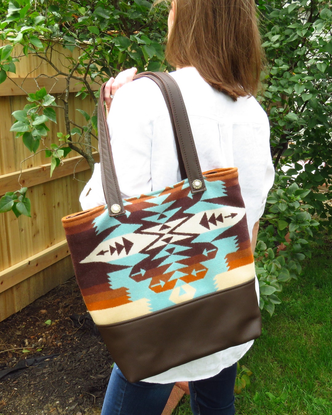 Tuscan Aqua Wool and Leather Tote Bag- Southwestern Women's, Unisex ...