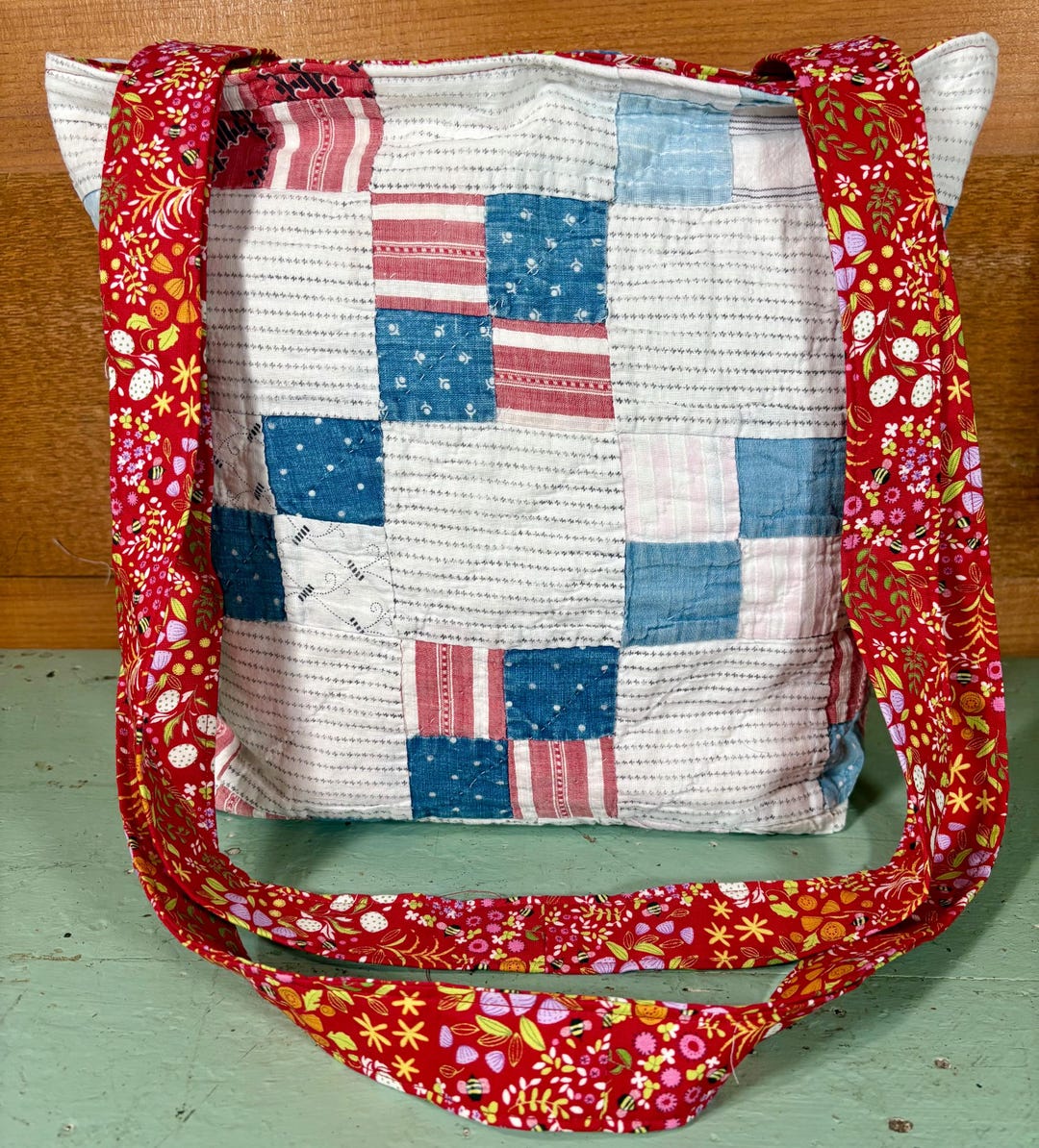 Vintage Four Patch Chain Quilt Recreated Soft Tote Box Bottom Vibrant ...