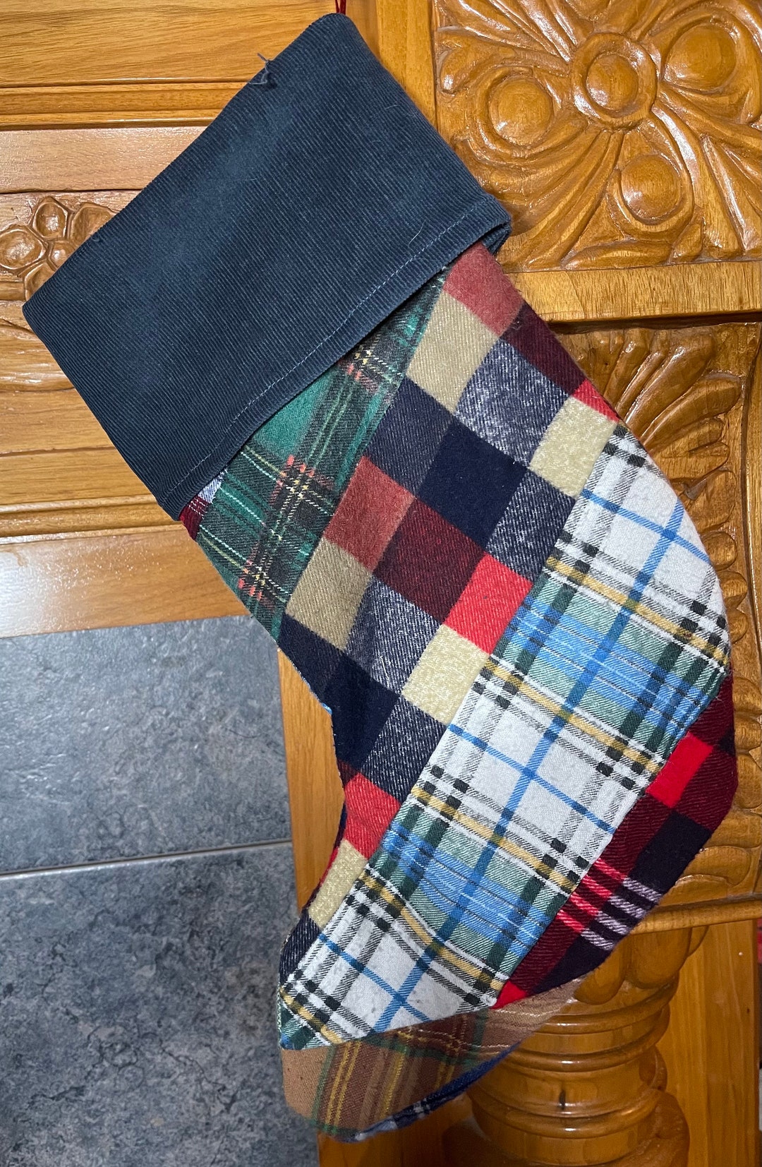 Vintage Flannel Strip Quilt Recreated Christmas Stocking With Navy Blue ...
