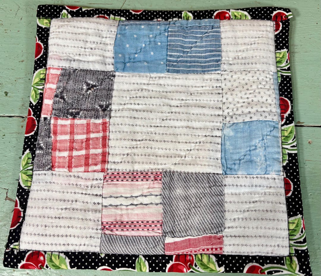 Vintage Four Patch Chain Quilt Recreated Pot Holder Black With Cherry ...