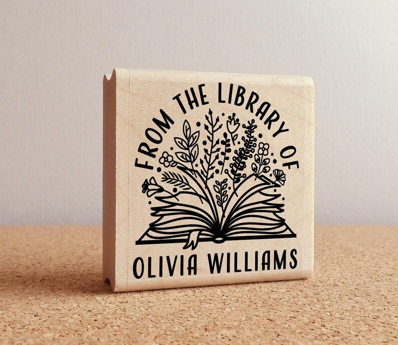 Custom Library Rubber Stamp | Personalized Floral Open Book Design for ...