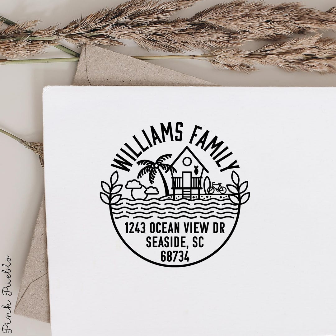 Self Inking Beach Address Stamp | Personalized Coastal Design With ...