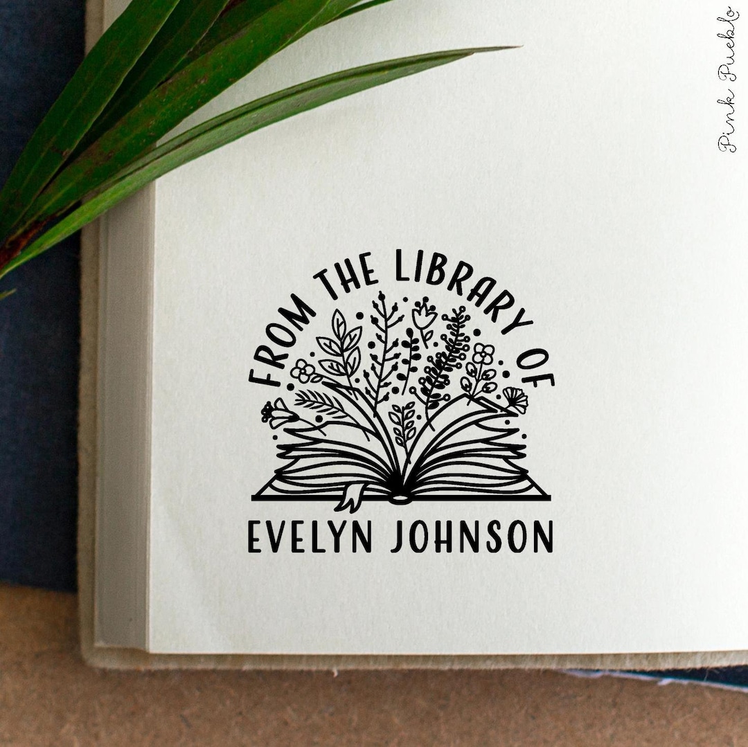 Custom Library Rubber Stamp | Personalized Floral Open Book Design for ...