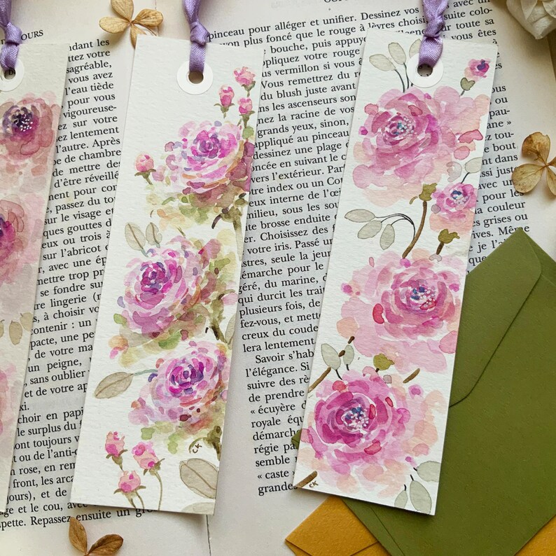 3 Morning Roses Handpainted Watercolor Bookmark Set, Floral Bookmarks ...
