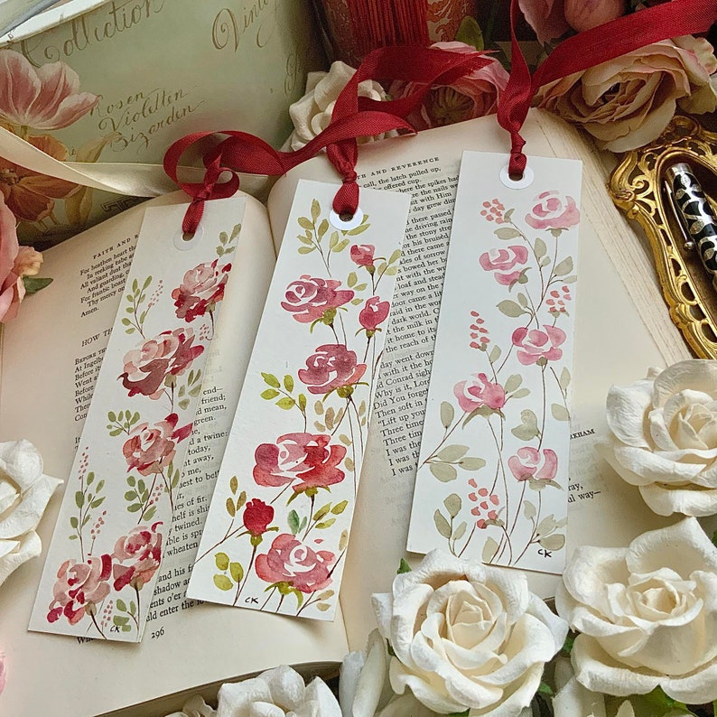 3 Handpainted Watercolour Rosina Roses Bookmark Set, Reading ...