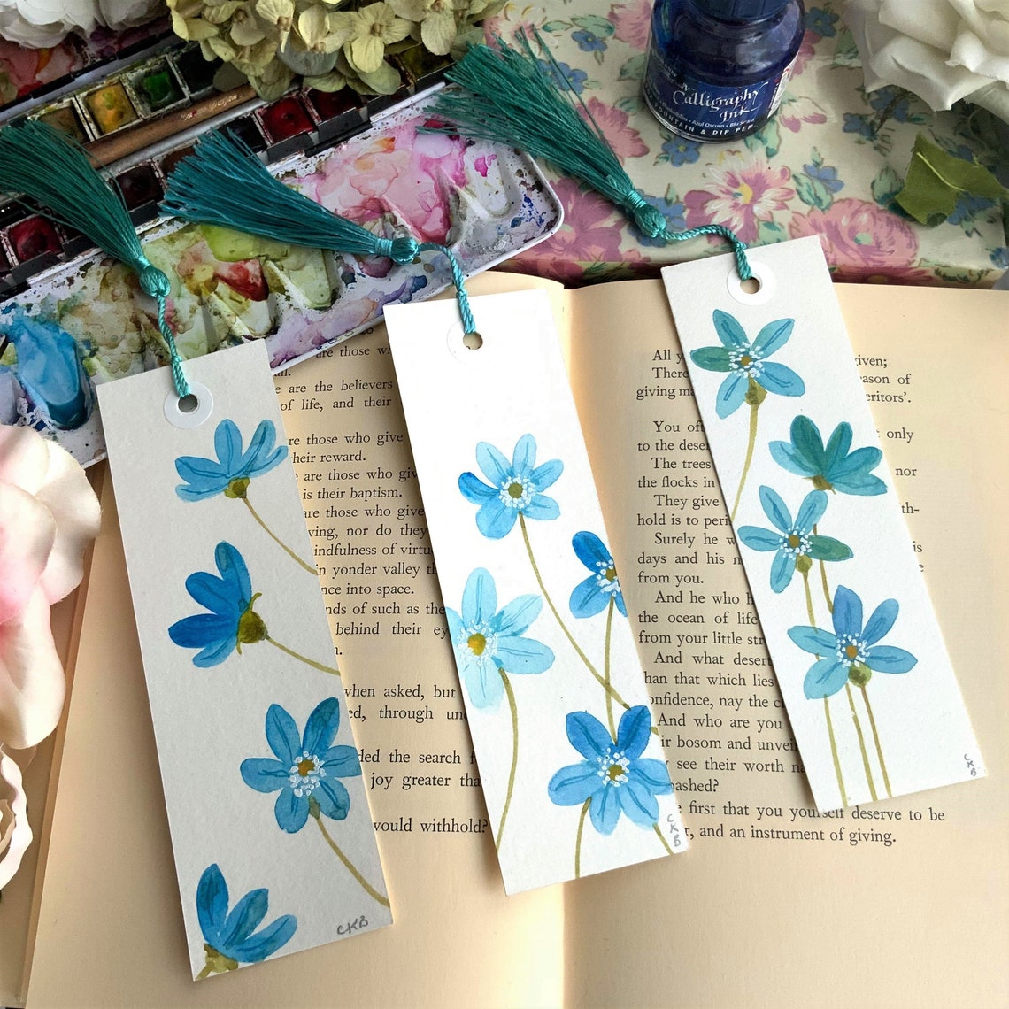 Original Watercolor Hand Painted Bookmark Set, 3 Turquoise Blue ...