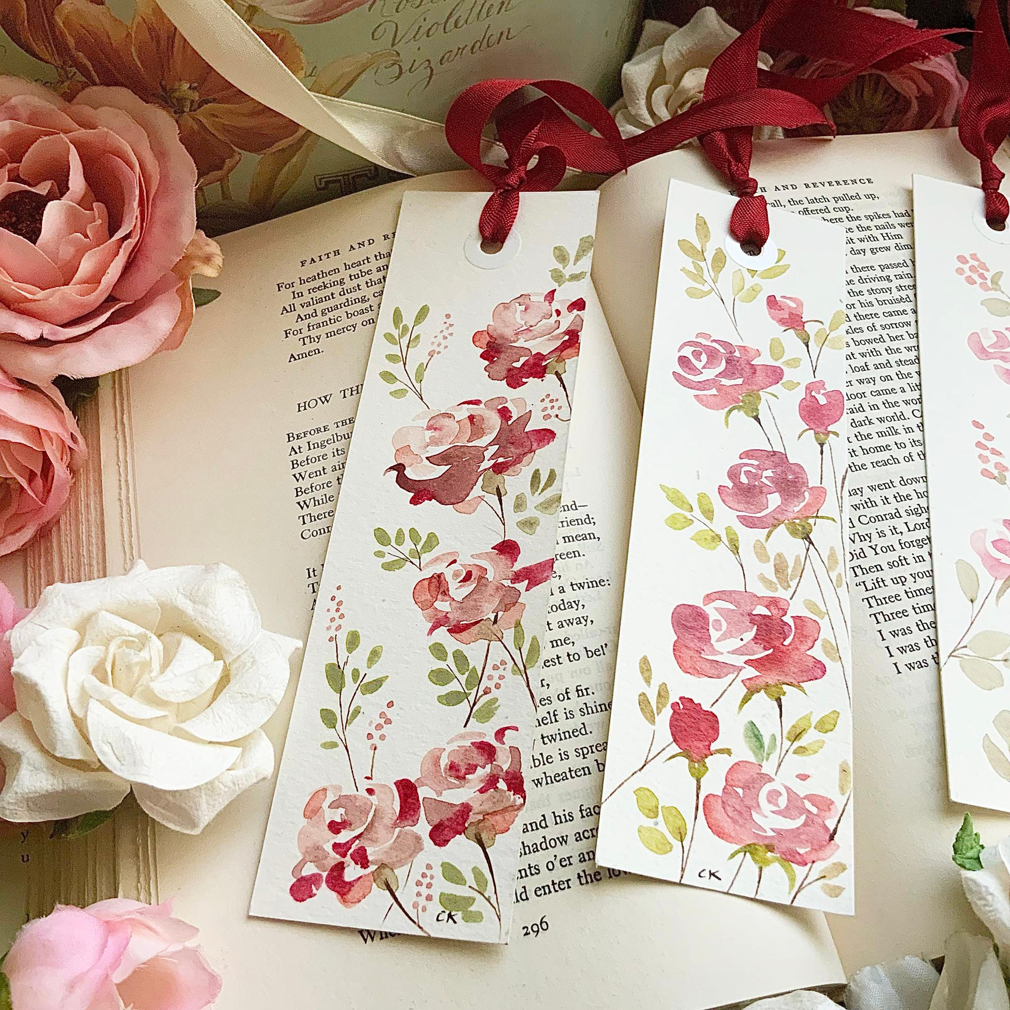 3 Handpainted Watercolour Rosina Roses Bookmark Set, Reading ...