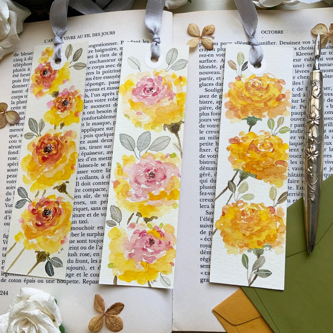 3 Original Handpainted Watercolor Yellow Roses Bookmark Set, Floral ...