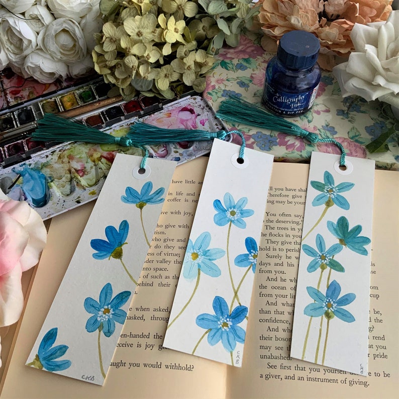 Original Watercolor Hand Painted Bookmark Set, 3 Turquoise Blue ...