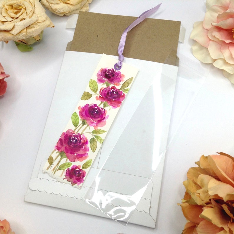Original Watercolor Hand Painted Bookmark Set, 3 Colorful Pink Roses ...