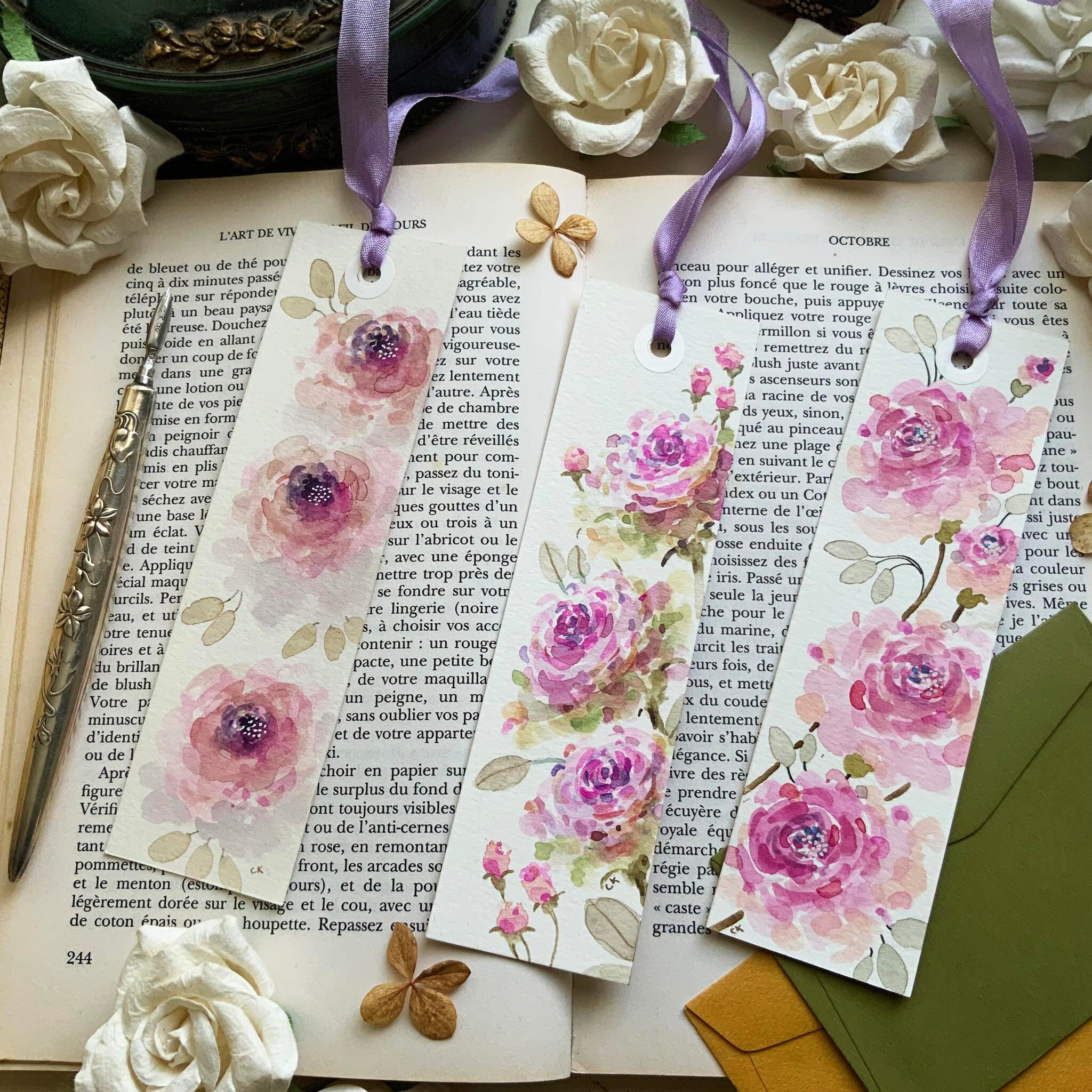 3 Morning Roses Handpainted Watercolor Bookmark Set, Floral Bookmarks ...