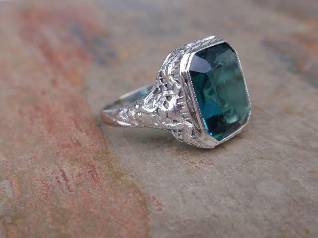 Art Deco Teal Blue Filigree Signet Ring, 14k White Gold Victorian ...