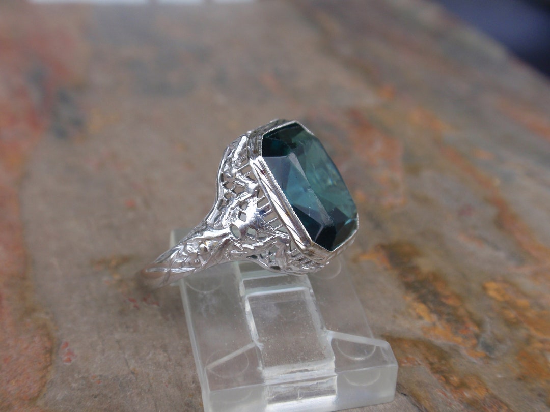 Art Deco Teal Blue Filigree Signet Ring 14k White Gold - Etsy