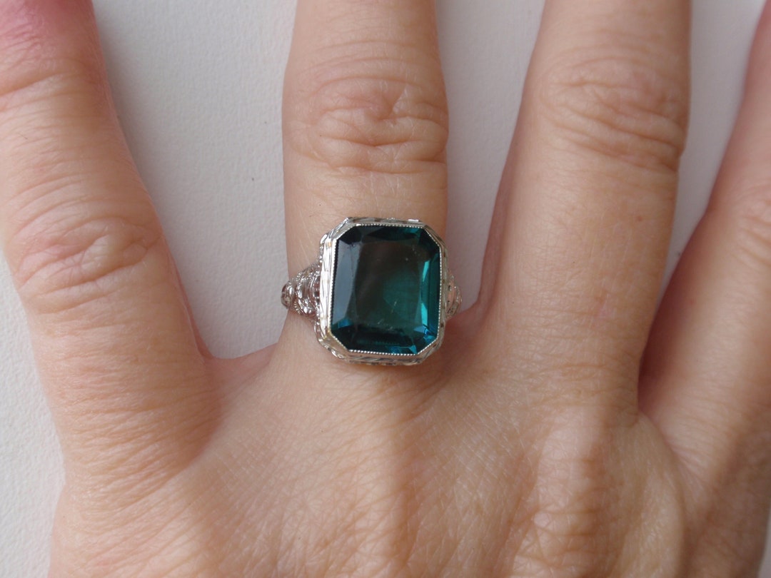 Art Deco Blue Filigree Signet Ring, 14k White Gold Victorian September ...