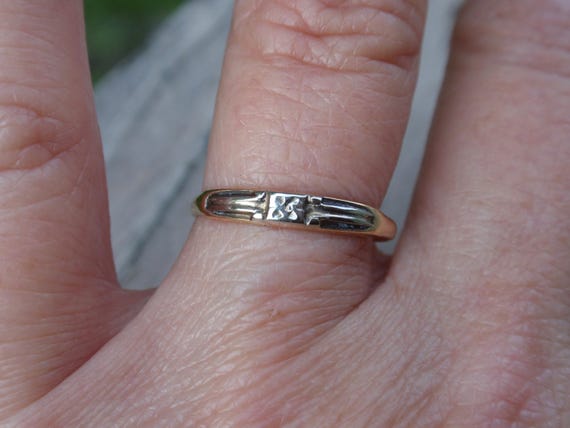 Art Deco Two Tone Wedding Band, 14k Yellow White Gold… - Gem