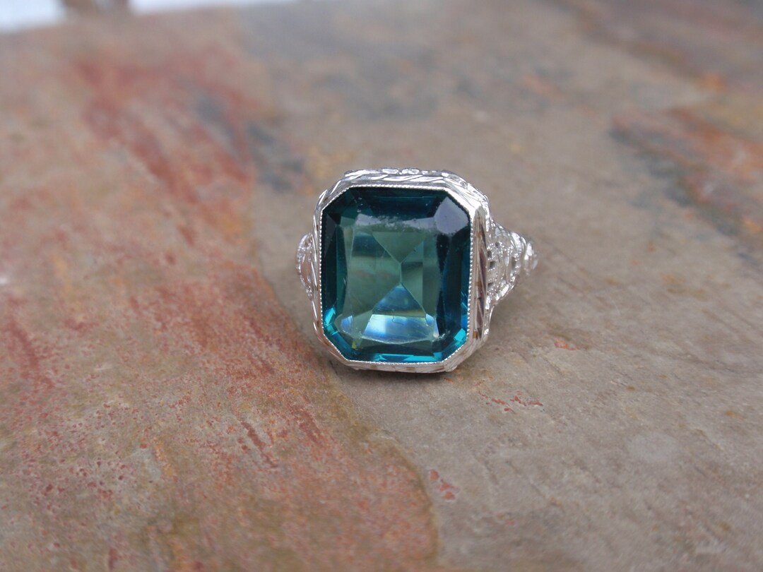 Art Deco London Blue Filigree White Gold Ring, Victorian December ...