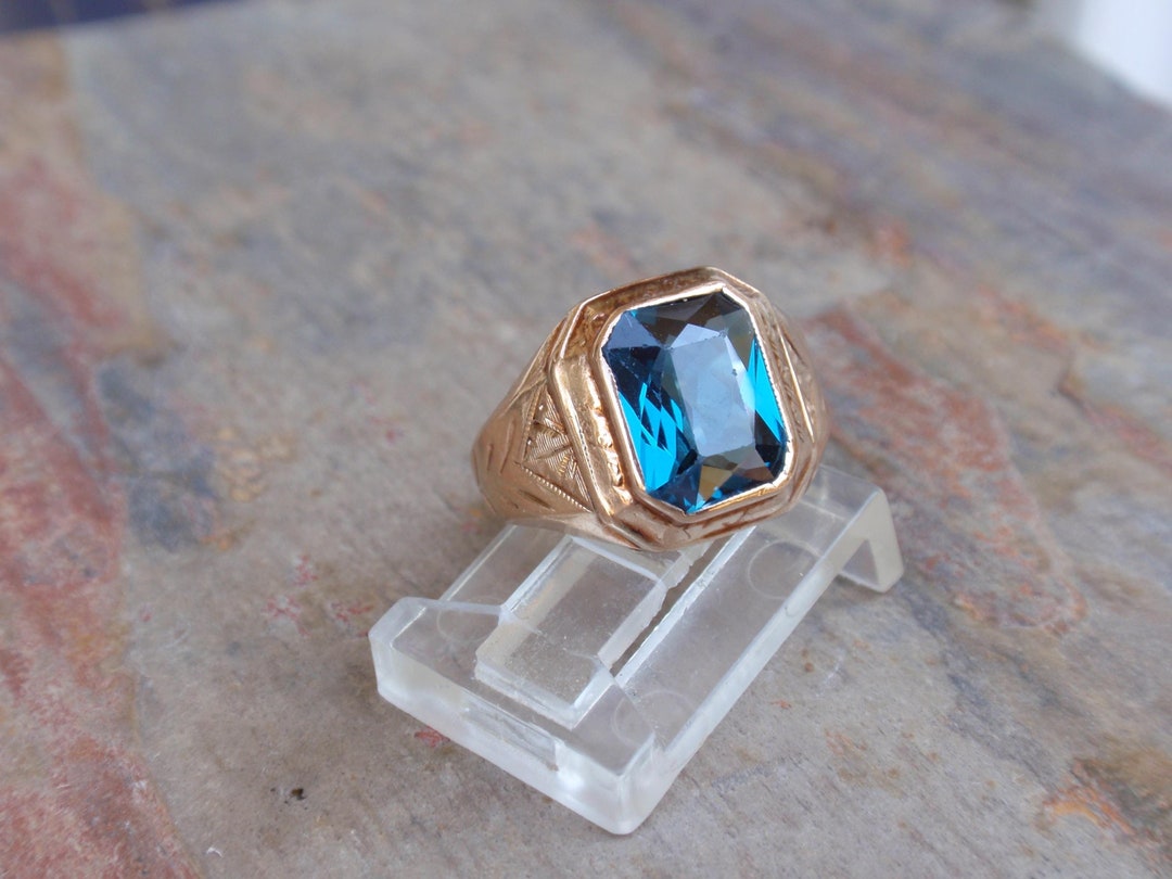 Art Deco Blue Topaz Signet Ring, 10k Yellow Gold Womens December ...