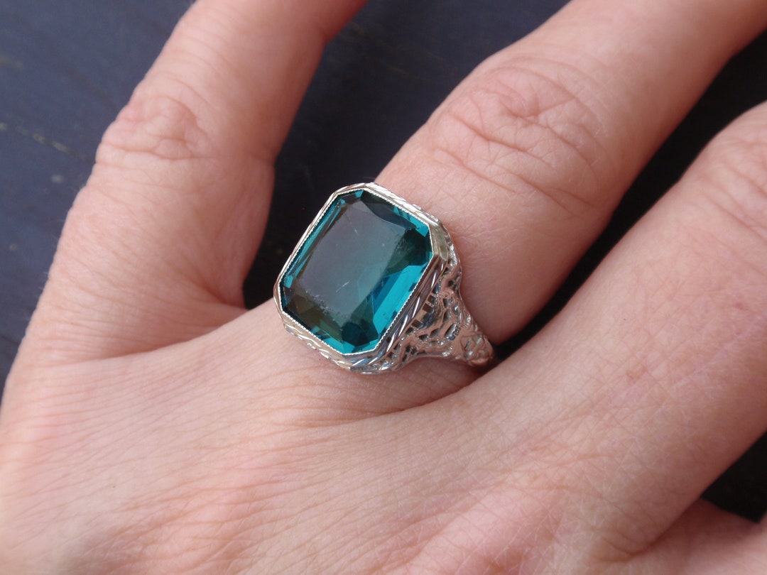 Art Deco London Blue Filigree Signet Ring, White Gold Victorian ...