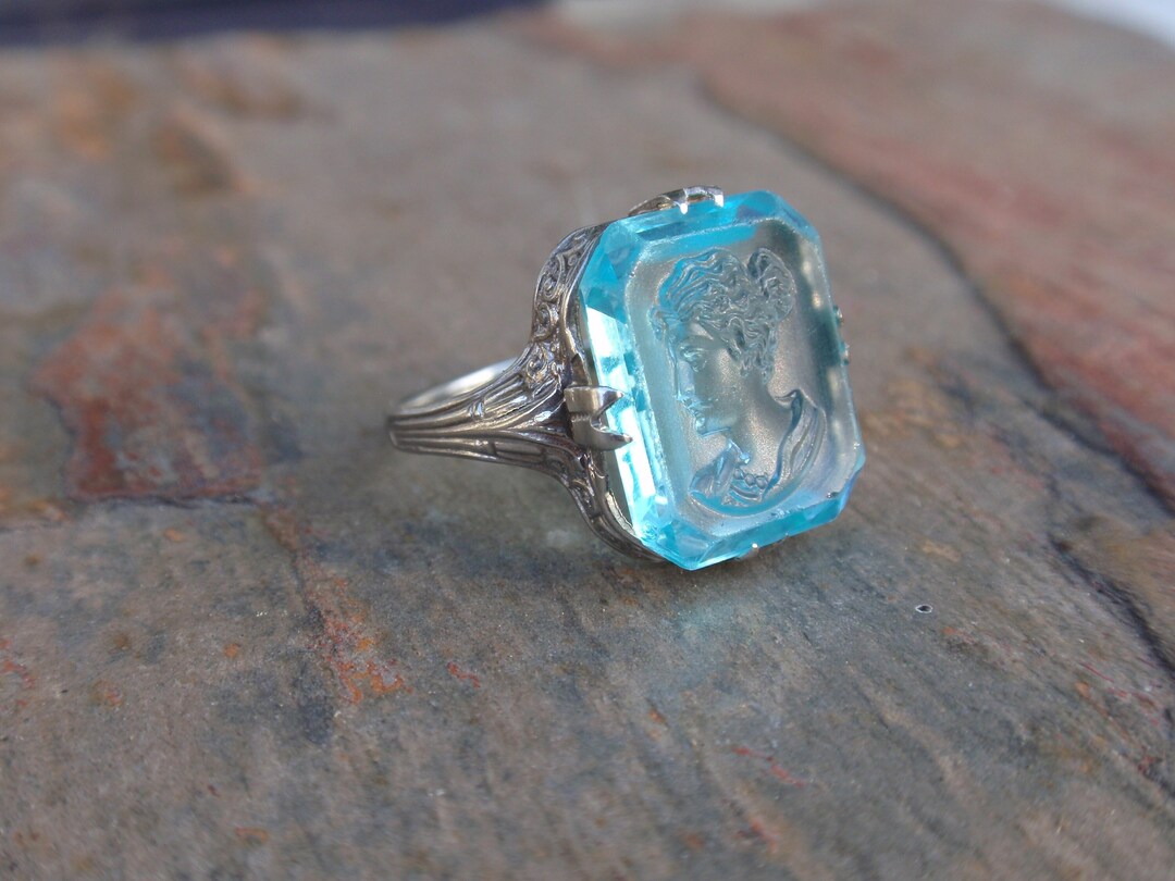 Antique Blue Cameo Signet Ring, Victorian Belais December Topaz Paste ...
