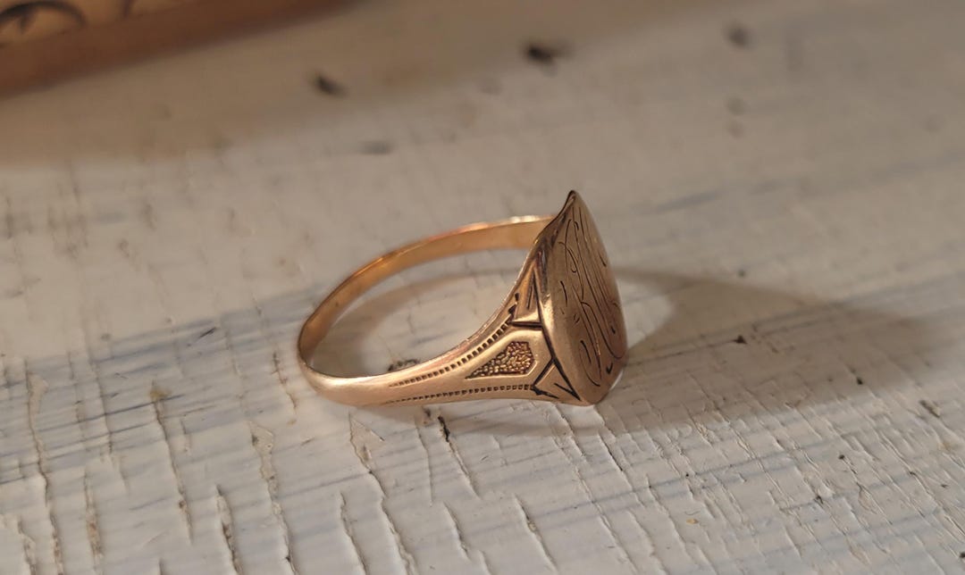 Antique Signet Gold Ring, Victorian 10k Yellow Gold Oval Initial Band, Ostby Barton Monogram ...