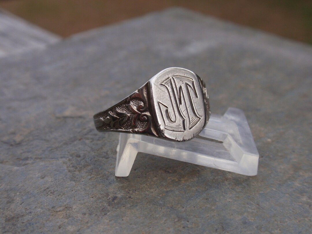 White Gold Signet Ring, Art Deco Insignia Band, Initials JT Monogram ...