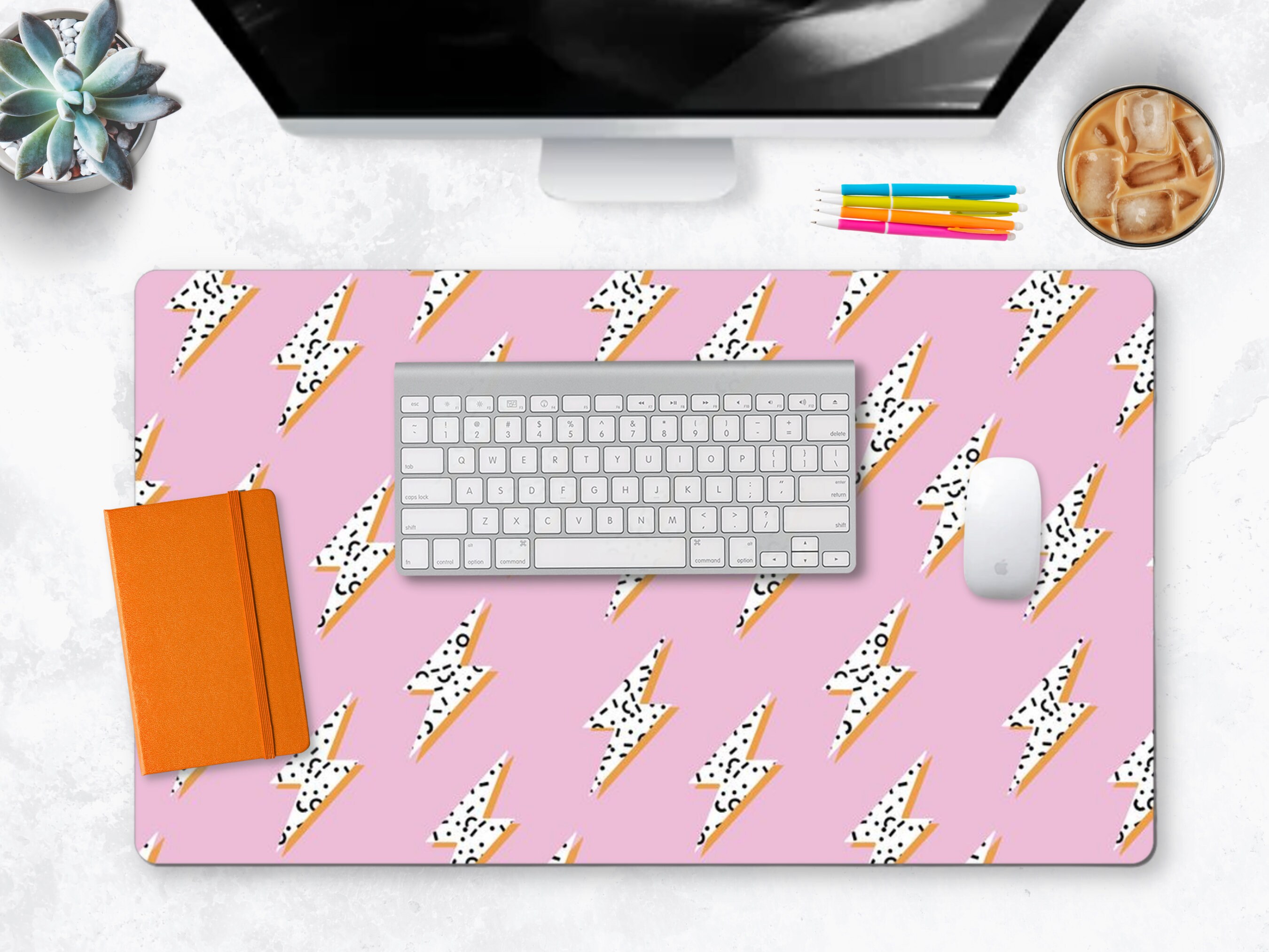 Pink Lightning Bolt Desk Mat, Lightning Print Desk Pad, Aesthetic Desk ...