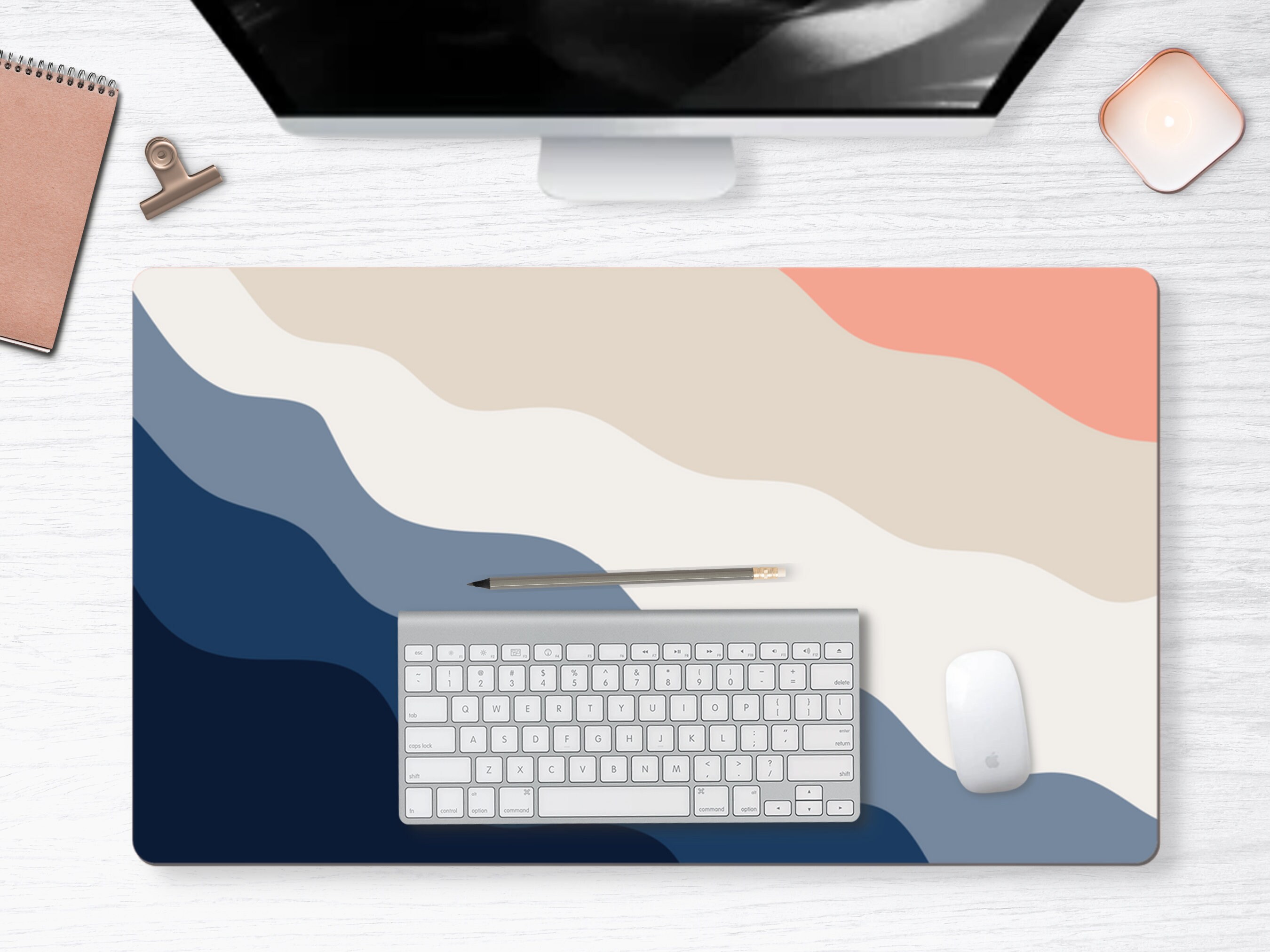Peach & Navy Waves Desk Mat, Aesthetic Desk Pad, Trendy Desk Decor ...
