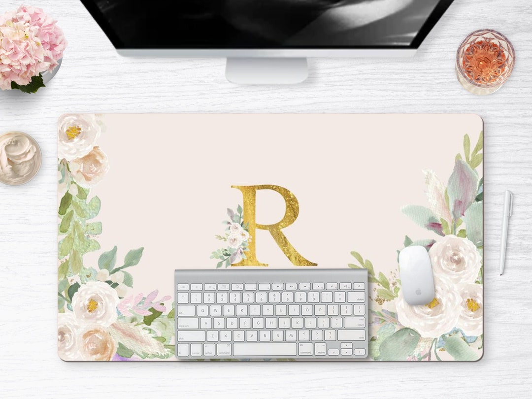 Personalized Floral Desk Mat, Monogram Flowers Desk Pad, Aesthetic Desk ...